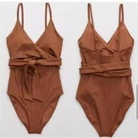 Swim | Aerie Shine Pique Wrap One Piece Swim Suit Size Medium Brown ...